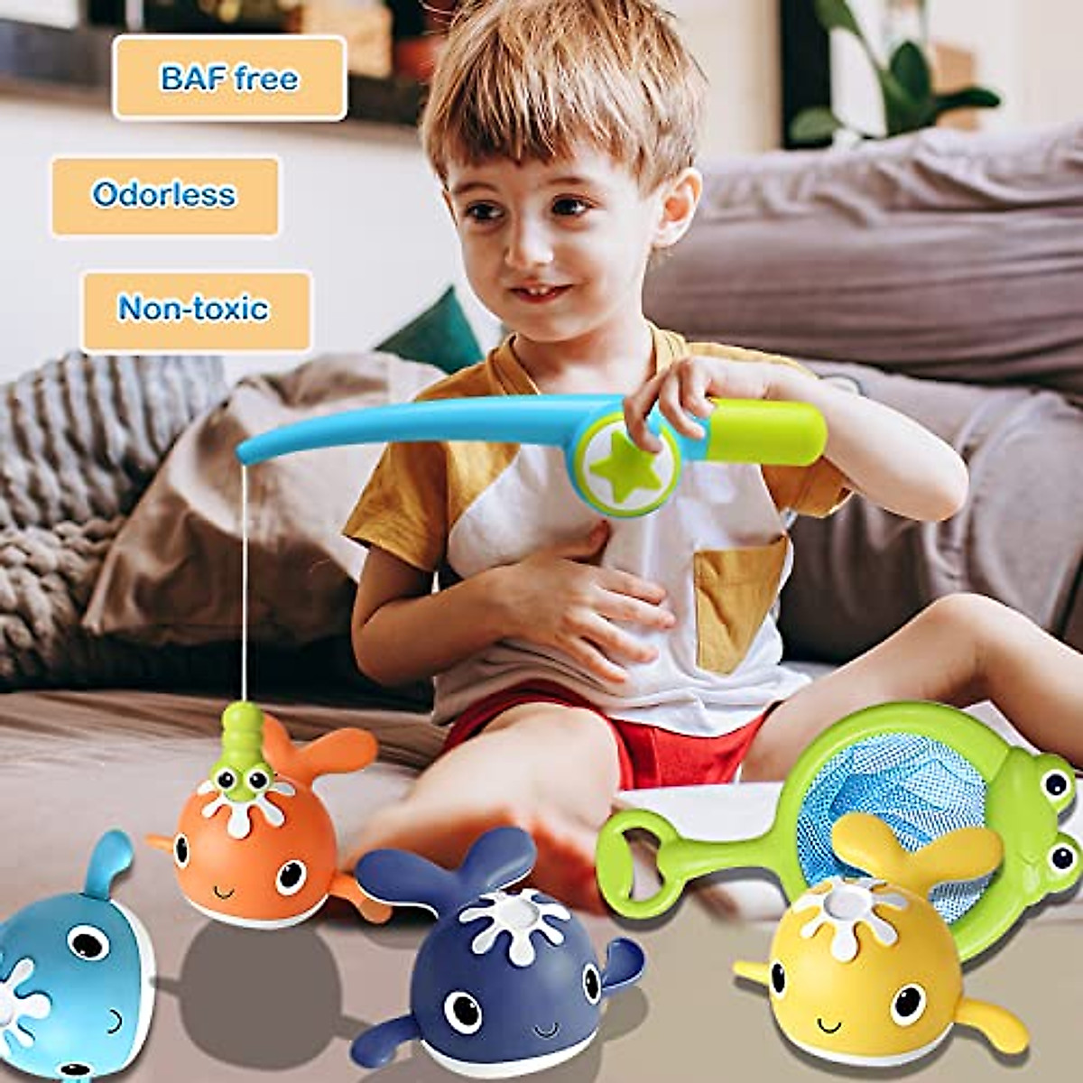 LOYUEGIYO Baby Bath Toys,Magnet Fishing Game Bath Baby Toy for 1-3 4-8 Year Old Toddler Boys Girls,Toys Gifts for Kid,Baby Bathtub Toys 18 Months+,4 Wind-up Whale Water Shower Toy&1 Fishing Pole&1 Net