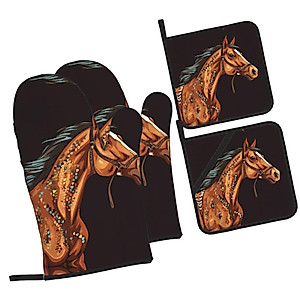 Oven Mitts and Pot Holders Set of 4 Brown Horse Print Kitchen Oven Glove Fashion Heat Resistant Oven Gloves Set for BBQ Grill Baking Cooking Oven Microwave