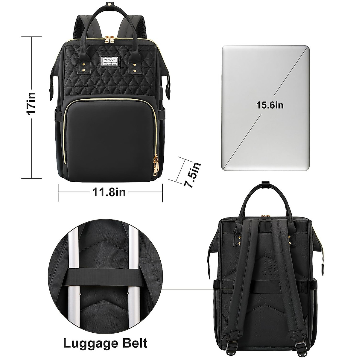 VSNOON Laptop Backpack for Women, 15.6 Inch Travel Backpack with USB Port Charging, Water Resistant Casual Durable Work Computer Bag for Women Men Girls, Black