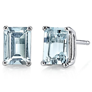 Peora Solid 14K White Gold Blue Aquamarine Earrings for Women, Genuine Gemstone Birthstone Solitaire Studs, 7x5mm Emerald Cut, 1.75 Carats total, Friction Back