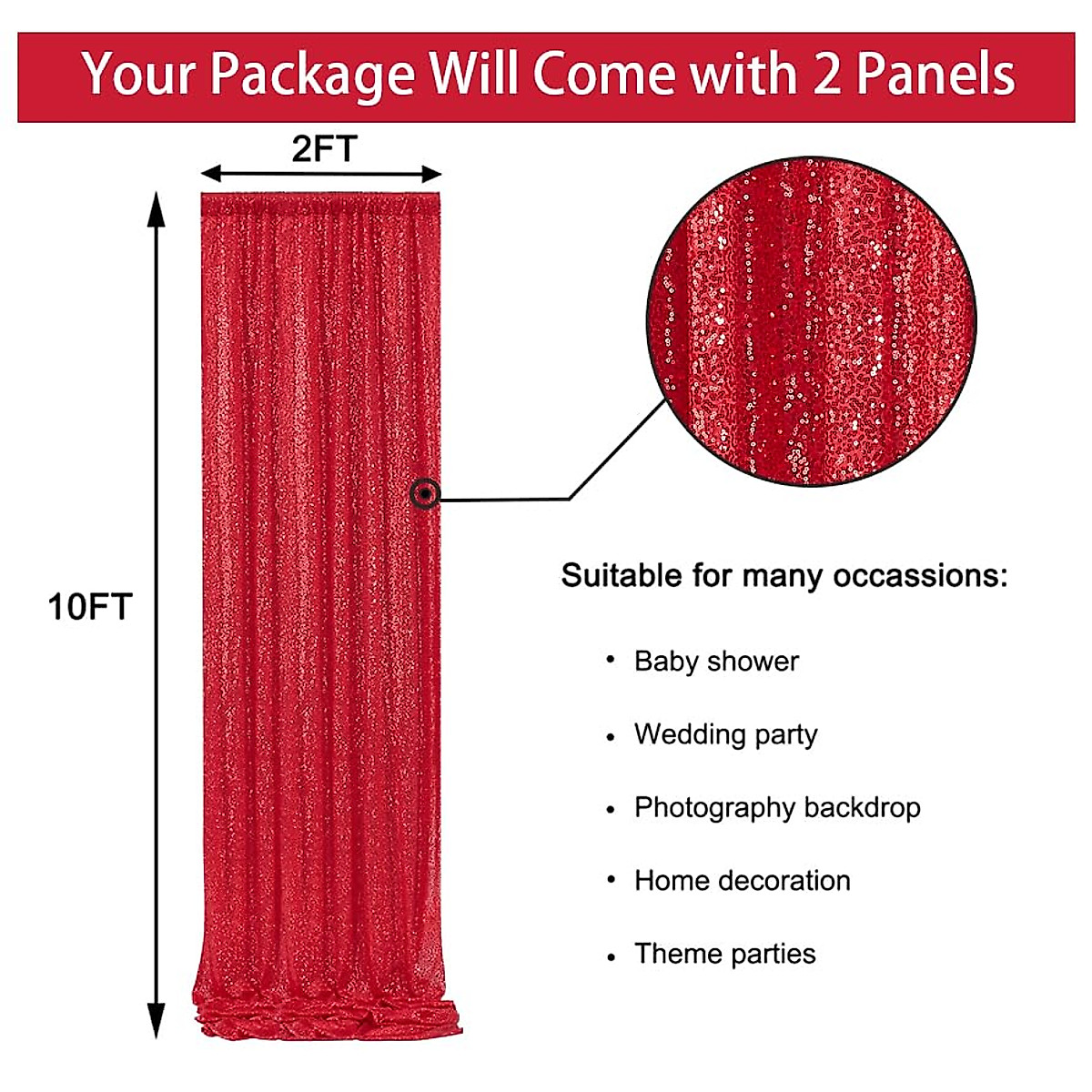 Outpain 2 Panels 2ft x 10ft Red Sequin Backdrop Curtain fpr Party, Not See Through 4ft x 10ft Red Backdrop Drapes for Wedding Party Christmas Photography Home Decoration