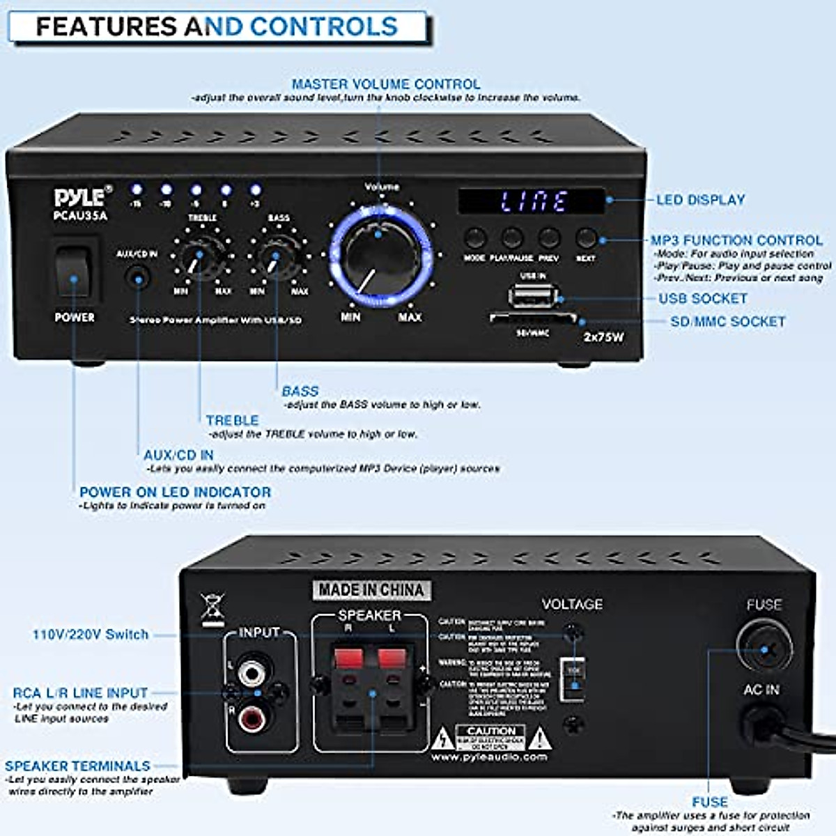 Pyle Home Home Audio Power Amplifier System - 2x75W Dual Channel Theater Power Stereo Receiver Box, Surround Sound w/ USB, RCA, AUX, LED, Remote, 12V Adapter - For Speaker, iPhone - Pyle PCAU35A