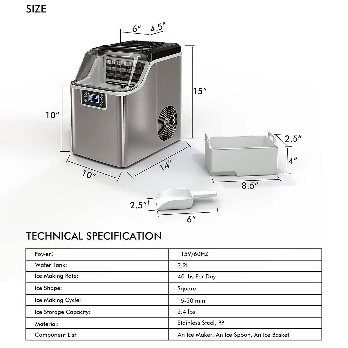 KOTEK Ice Maker Machine Countertop, 40lbs/24H Portable Ice Maker with Auto Self-Cleaning, 2 Ways to Add Water, 24 Ice Cubes in 13 Min, with Ice Scoop & Basket, for Home Office Bar