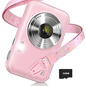 Digital Camera, FHD 1080P Kids Camera with Neck Lanyard 32GB Card Battery, Anti-Shake 16X Digital Zoom, 44MP Point Shoot Cameras, Compact Portable Small Gift Camera for Kid Teen Student Girl Boy(Pink)