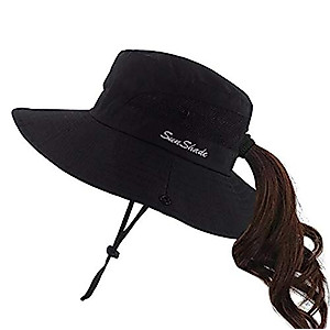 Women's Outdoor UV-Protection-Foldable Sun-Hats Mesh Wide-Brim Beach Fishing Hat with Ponytail-Hole (Black)