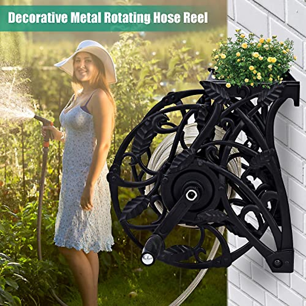 Garden Hose Reel Wall Mount with 6.5ft Leader Hose, Storage Shelf, Holds 130ft of 5/8 Hose, Portable Cast Iron Water Hose Reel for Outside Gardening Tools, Decorative Metal Hose Storage Holder