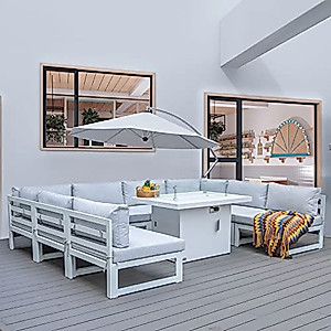 BULEXYARD Aluminum Patio Furniture Set with 43" Propane Gas Fire Pit Table, 9 Pieces Metal Outdoor Furniture Patio Sectional Sofa Large Conversation Sets w/CSA Approved Outdooor Fire Tables(White)