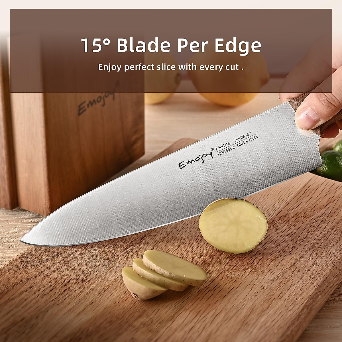 Emojoy Knife Set, 15-Piece Kitchen Knife Set with Block Wooden, Kitchen Knives Sharpener and Scissors German Stainless Steel (Brown)