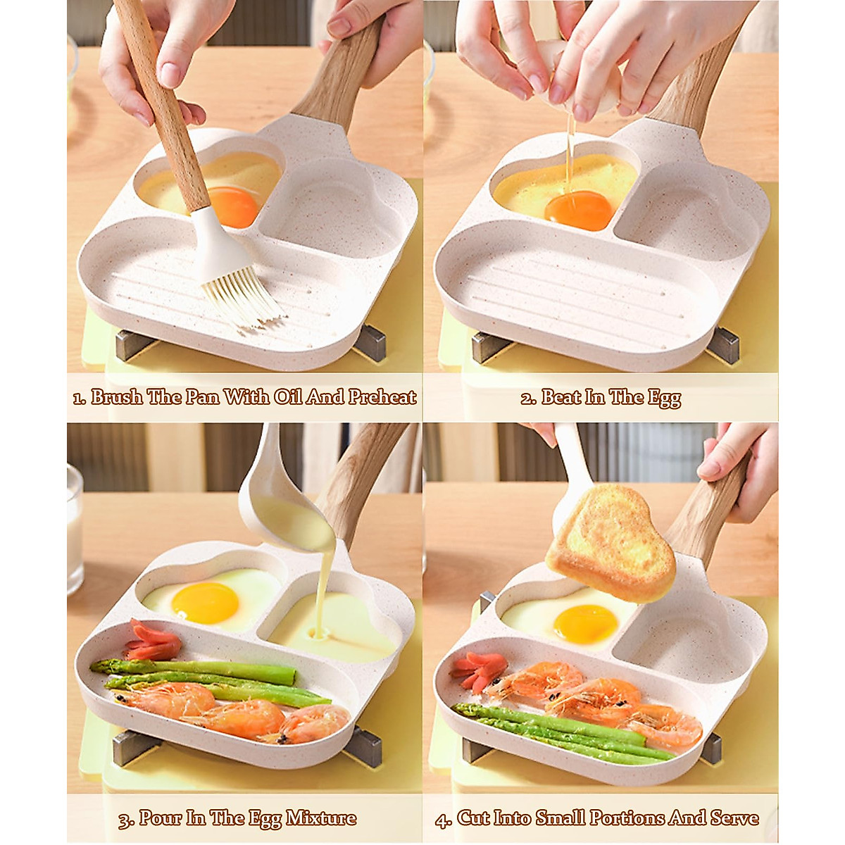 Nonstick Egg Frying Pan, 3-in-1 Nonstick Pan Divided Grill Frying Pan, Heat Resistant Handle 3 Section Skillet Mini Pancake Pan, Cooking Pan for Breakfast, Egg, Bacon and Burgers, 7.5 in (White)