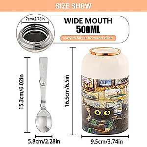 CUPADA Cats Eyes Funny Food Jar, Oil Painting Cute Insulated Hot Food Jars Vacuum 17OZ with Folding Spoon for Work Trip Picnic Camping