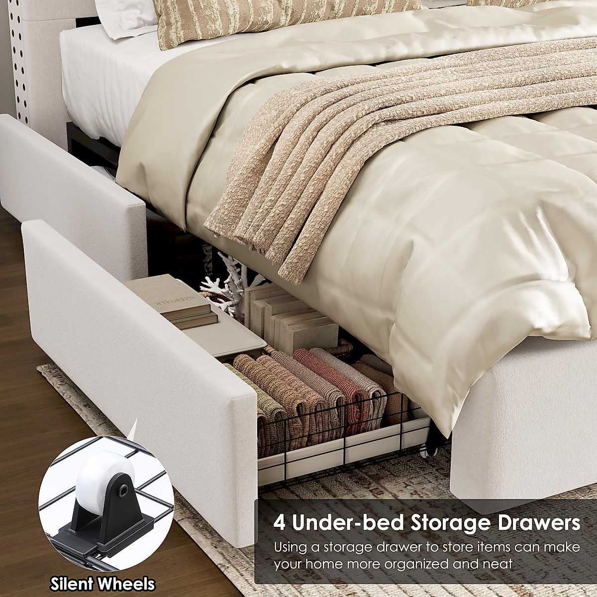 King Size Bed Frame 55" Tall Headboard with Gorgeous Button Tufted and Nail, Velvet Fabric Upholstered Bed Frame includes 4 Under-bed Storage Drawers, Wooden Slats, Noise-Free, Easy Assembly, Beige