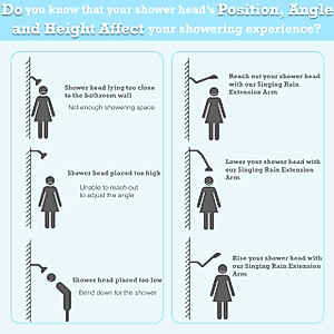 16 inch Dual Extension Extra Long Adjustable Shower Head Extension Arm With Locking Set Screw, Singing Rain Brass Angle Height Adjustable, G1/2 Universal Connector Compatible (Chrome Finish)