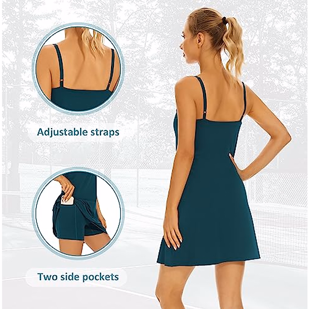 Leovqn Tennis Dress for Women Workout Athletic Dress with Built-in Bra & Shorts Exercise Dress for Golf Dress with Pockets - Teal M