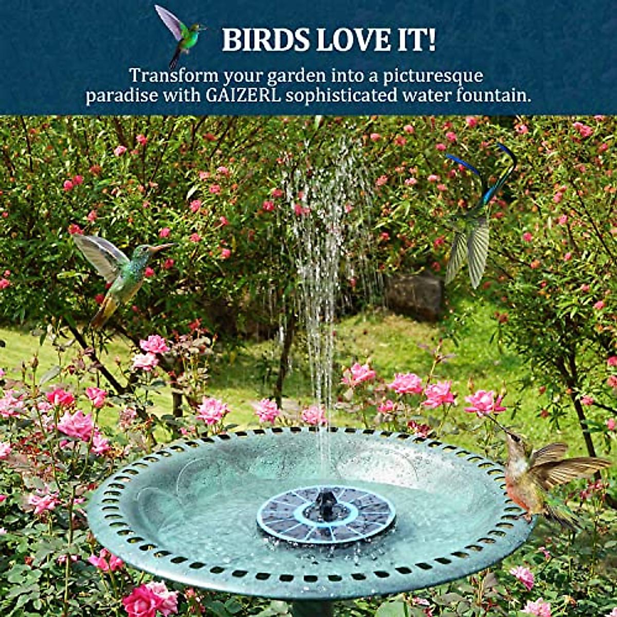 GAIZERL Solar Fountain 2023 New, 3.5W Solar Bird Bath Fountains with Glass Panel, 2000 Battery, Hummingbird Water Features with Color LED Lights, 8 Spray Modes & 4 Fixed Pipes for Garden, Pool, Pond
