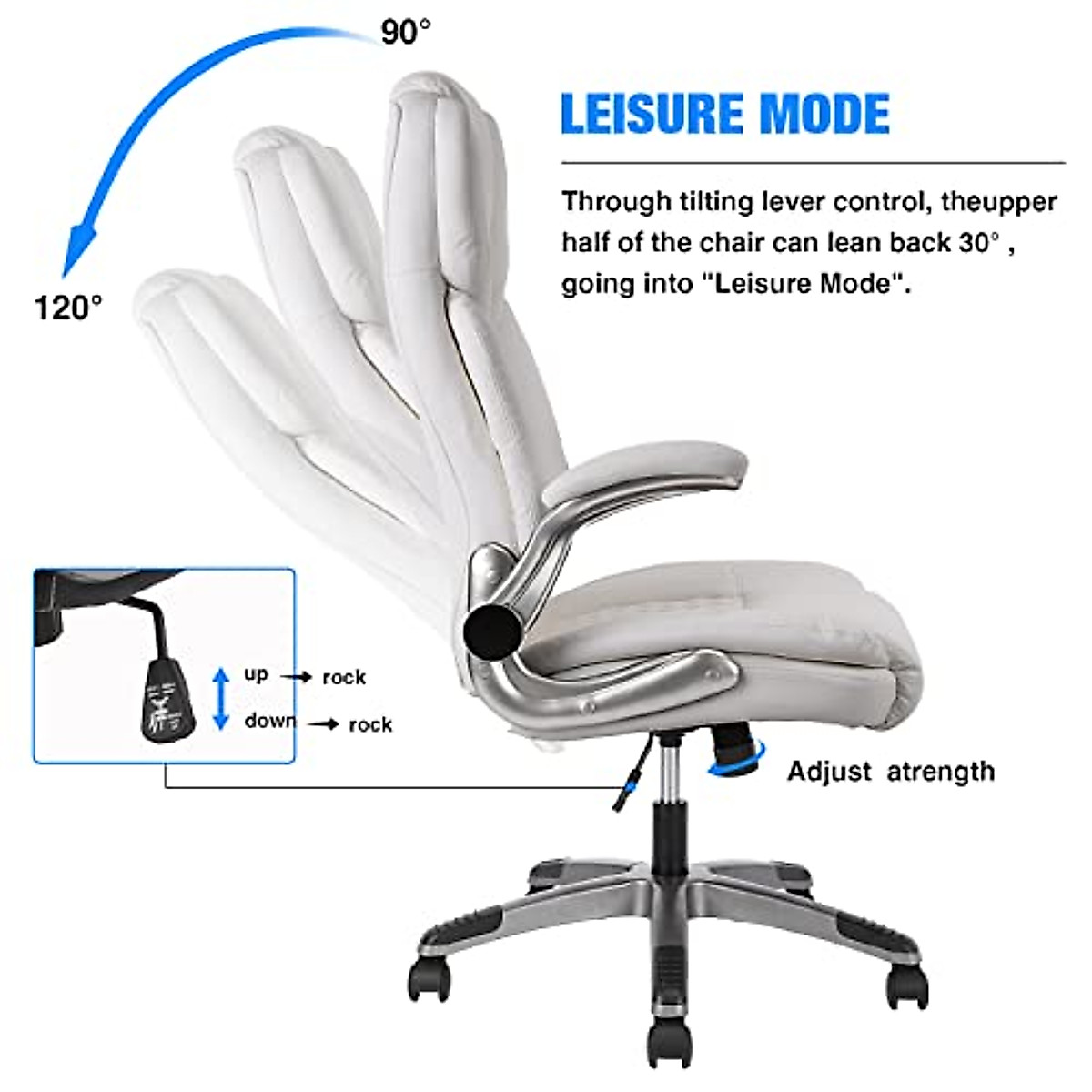 Managerial and Executive Office Chair,Ergonomic White PU Leather Office Desk Chair,Diamond Stitched High Back Swivel Task Chair with Rocking Function,Adjustable Flip-up Armrests Computer Chair