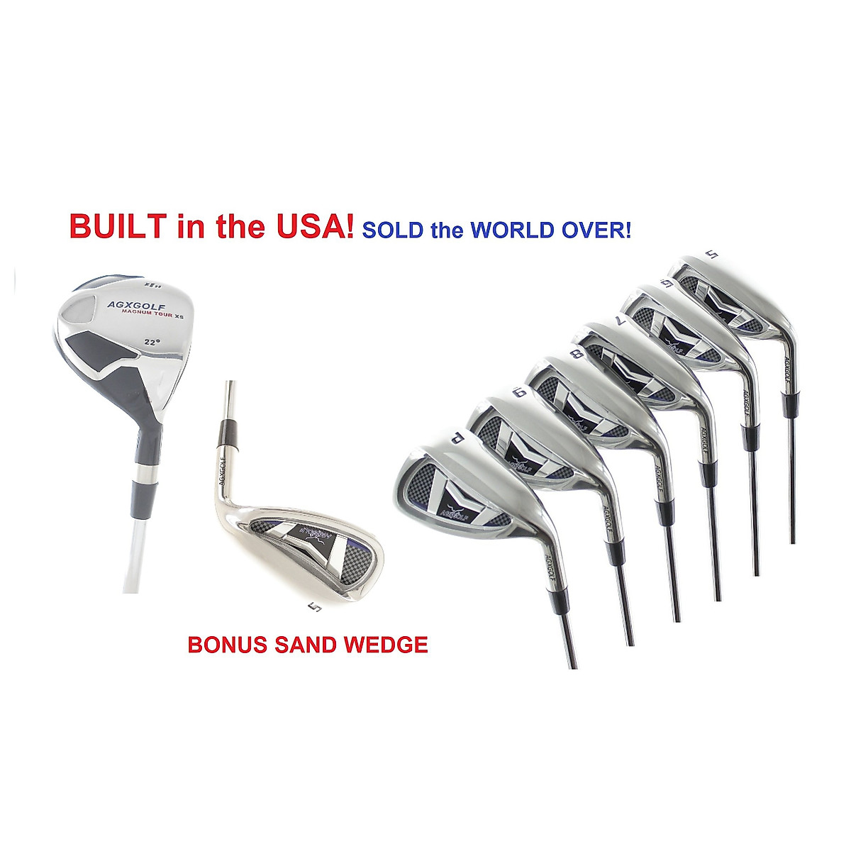 AGXGOLF Men's Regular Length XS Wide Sole Edition Complete Golf Set w/460 Driver +5 Wood + 4 Hybrid + 5-9 Irons + Pitching Wedge + Sand Wedge: Senior Flex, Right Hand: USA Built!
