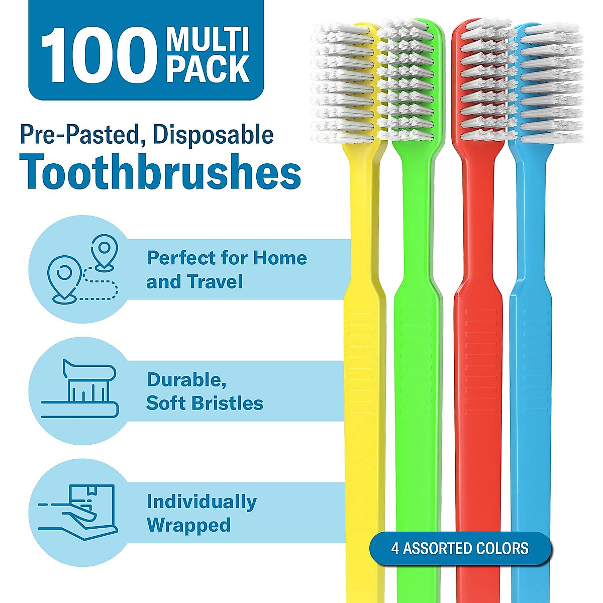 Blasting Health Bulk Disposable Soft Bristles Toothbrushes, Individually Wrapped, Assorted Colors, 39 Tufts - 100 Pack (Pre-Pasted)