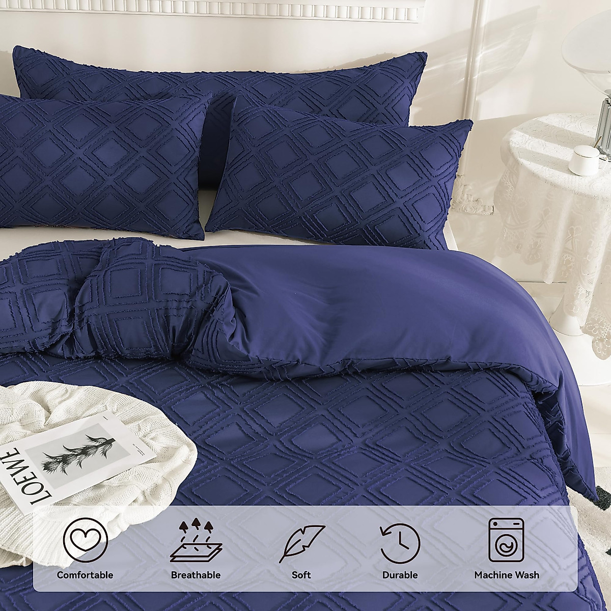 JELLYMONI Navy Blue Duvet Cover Full Size - 3 PCS Microfiber Tufted Duvet Cover Set, Boho Textured Duvet Cover Jacquard Rhombus Geometric Pattern Duvet Cover with Corner Ties & Zipper Closure