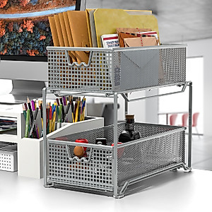 DecoBros 2 Tier Mesh Sliding Cabinet Basket Organizer Drawer,Silver