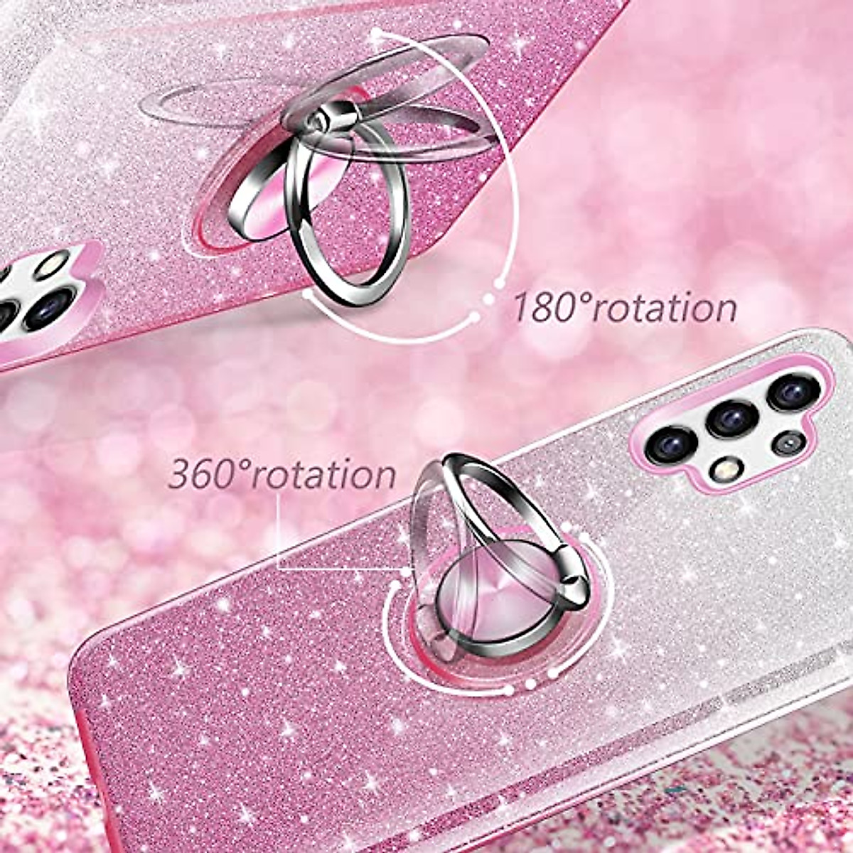 KSWOUS Galaxy A32 5G Case with 2 Pack Screen Protector, Crystal Clear Glitter Sparkly Bling Pink Protective Cover with Kickstand for Women Girls Slim Shockproof Case for Samsung A32 5G (Pink)