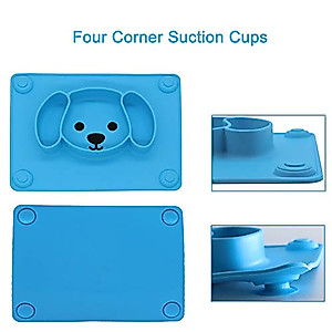 LongDear Baby Silicone Suction Placemat + Plates - Food Feeding Divided Mat for Kids and Toddlers Fits Most Highchair Trays - Dishwasher and Microwave Safe 2 Pack (Blue & Green)