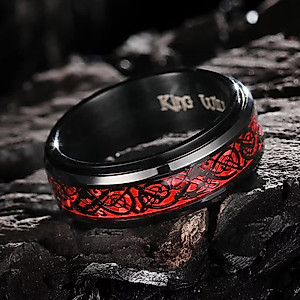 King Will Spinner 8mm Stainless Steel Ring Anxiety Relief Red Celtic Dragon Black Carbon Fibre Inlay Fidget Wedding Ring 10