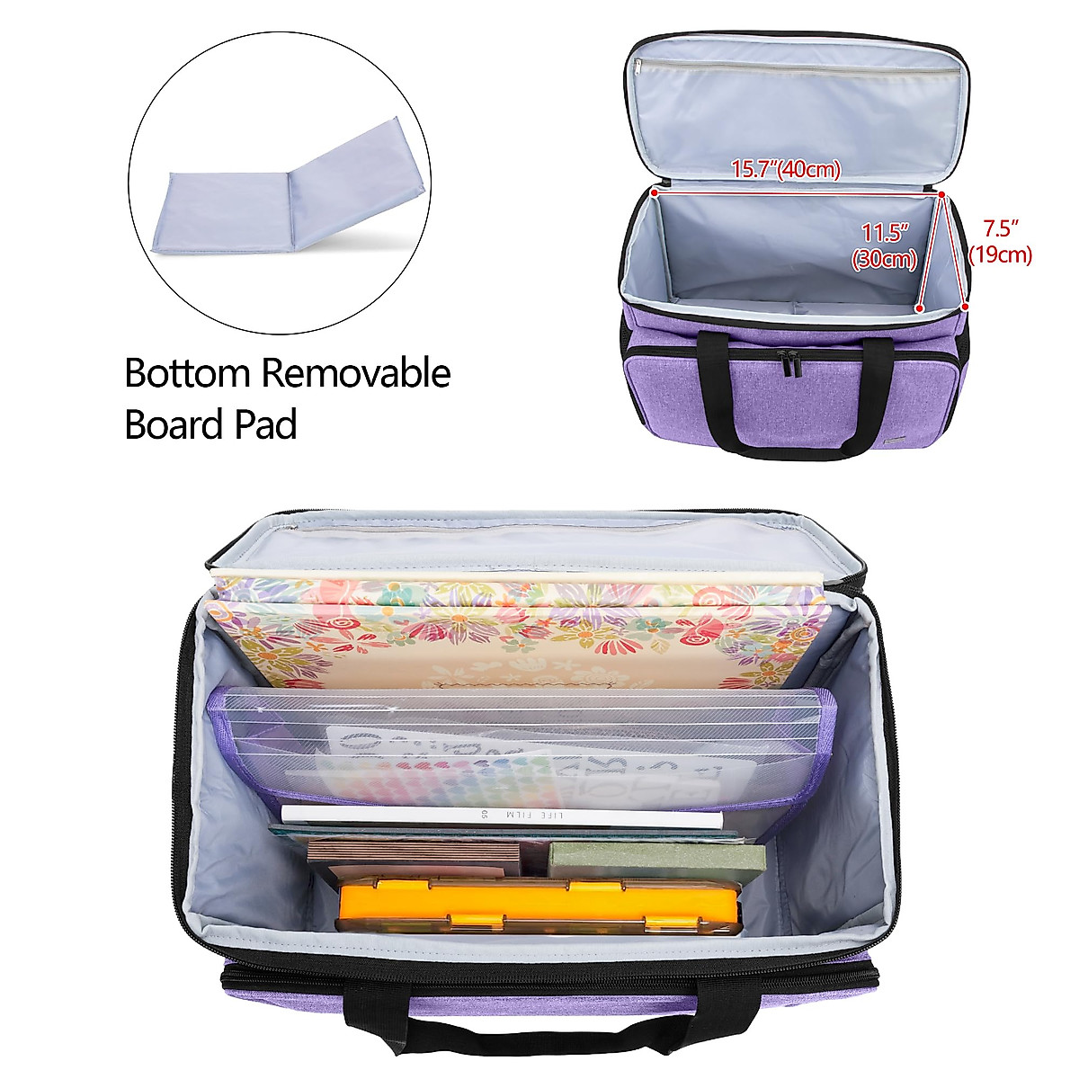 Yarwo Rolling Craft Bag on Wheels, Women Craft Scrapbook Tote Bag with Detachable Trolley and Extra Bottom Board for Teaching Crafts Supplies and Tools, Rolling Teacher Cart for Women, Purple