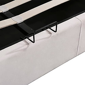 Full Size Upholstered Bed Frame with Lifting Storage, RGB LED Velvet Bed with USB Ports Headboard, Smart Platform Bed with Bluetooth Player, Hydraulic Lifting Under Bed Storage, Beige