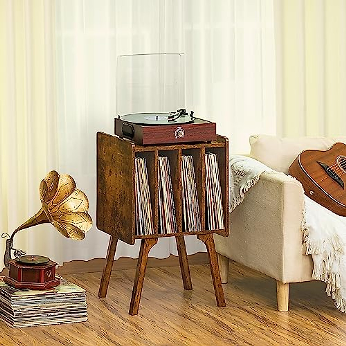 LELELINKY Record Player Stand, Brown Record Storage Table with 4 Cabinet Up to 100 Albums (Patented)