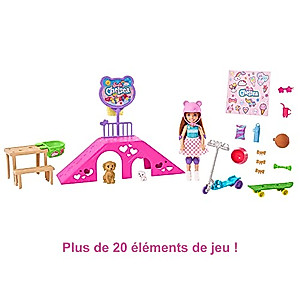 Barbie Chelsea Doll & Skate Park Playset With 2 Puppies, Skate Ramp, Scooter & 15+ Accessories, Brunette Small Doll With Blue Eyes