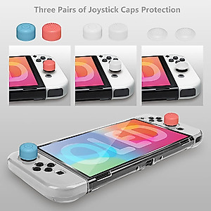 omarando TPU Case Cover Accessories Kit for Nintendo Switch (OLED model),Shoulder Bag for Switch,with Tempered Glass Screen Protector,Thumb Grip Caps .Mini travel playstand (Clear)