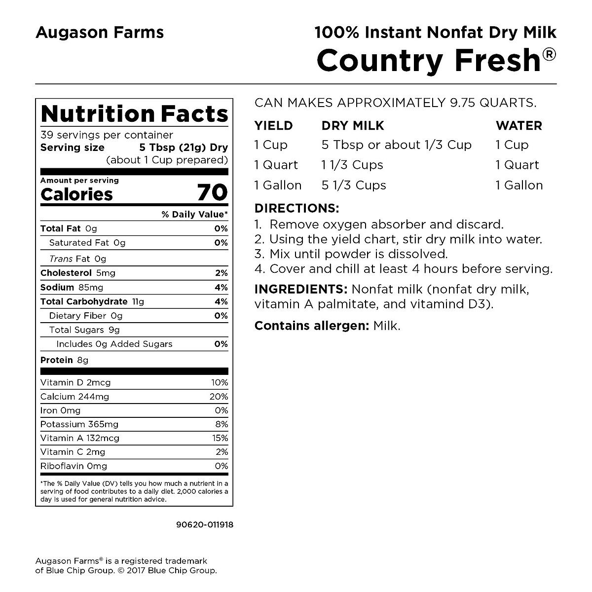 Augason Farms 5-90620 Country Fresh 100% Real Instant Nonfat Dry Milk, 1 lb., 13 oz. & Honey White Bread Scone & Roll Mix Emergency Food Storage #10 Can