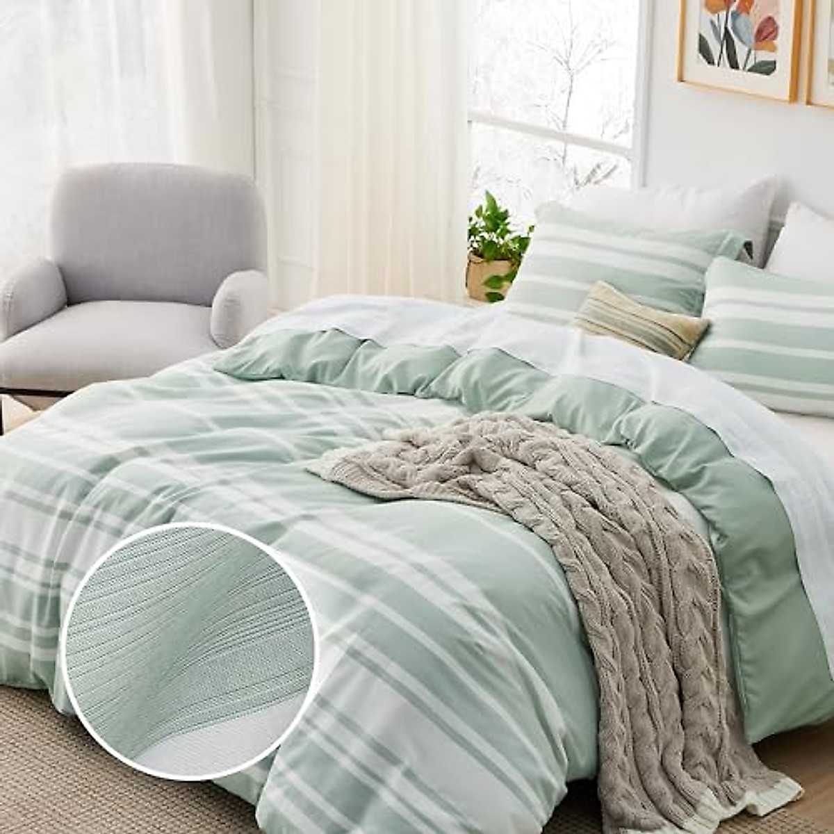 Bedsure Queen Duvet Cover Sage Green Striped - Super Soft Cationic Dyed Duvet Cover for Kids with Zipper Closure, 3 Pieces, No Comforter(90"x90")