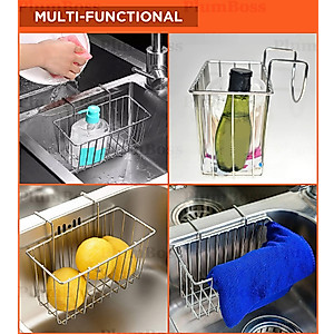 PlumBoss Sponge Holder for Kitchen, Stainless Steel Rust Proof Caddy Dish Draining Sink Basket, LARGE