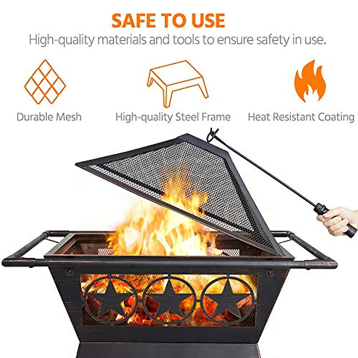 Yaheetech 32in Outdoor Fire Pit Metal Square Firepit Wood Burning Backyard Patio Garden Beaches Camping Picnic Bonfire Stove with Spark Screen, Log Poker