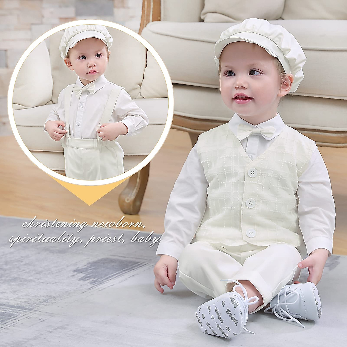 Booulfi Baptism Outfits for Boys, Baby Boy Clothes Formal Gentleman Suits White Dress Shirt Bowtie Suspender Pants Vest Hat, Christening gifts 3-6M