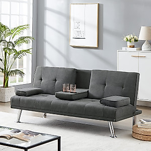 DKLGG Convertible Futon Sofa Bed, Upholstered Sofa Couch, Recliner Loveseat Folding Daybed with 2 Cup Holders and Removable Armrests Sleeper Sofa for Small Space, Home, Living Room, Dark Gray