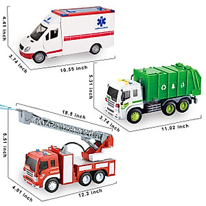 JOYIN 3 PC 1:16 Big Friction Powered City Play Vehicle Toy Set Including, Fire Engine Rescue Truck, Ambulance, and Recycling Garbage Truck, Vehicle Toy with Lights and Sound Siren