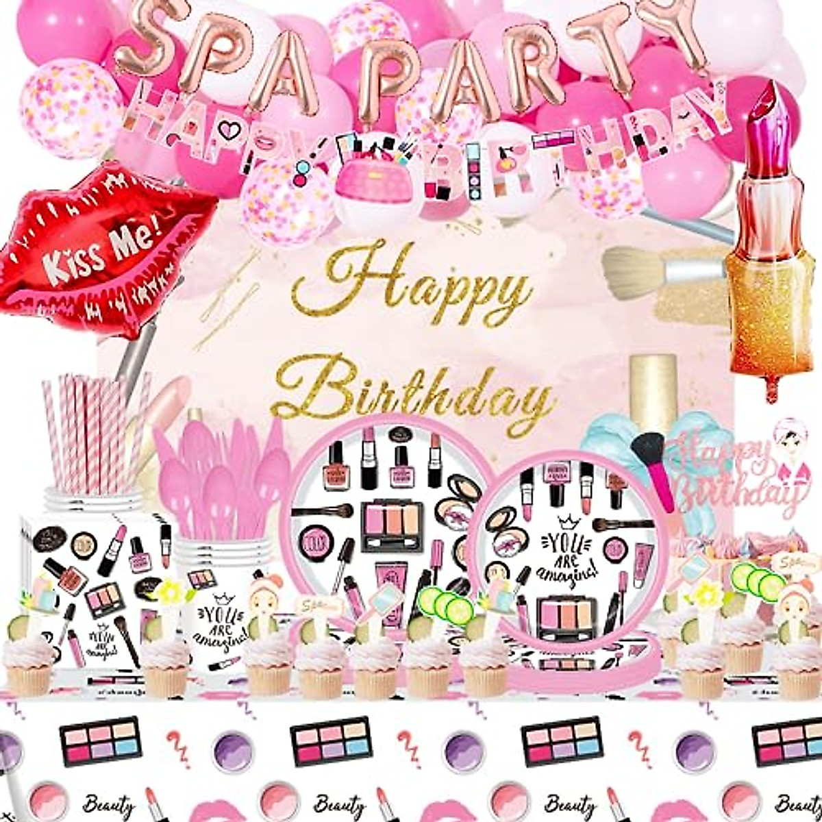 233 PCs Spa Party Supplies for Girls, Hombae Spa Makeup Salon Cosmetics Birthday Decorations Backdrop Balloon Garland Banner Tablecloth Cake Cupcake Topper Plate Napkin Cup Straw Knife Fork Spoon