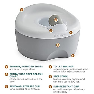 Contours Bravo 3-in-1 Potty Training Toilet Seat, Trainer and Step Stool, Easy to Clean Design with Removable Waste Cup and Splash Guard, Great for Travel, Perfect for Toddler Boys & Girls 1-3 - Gray