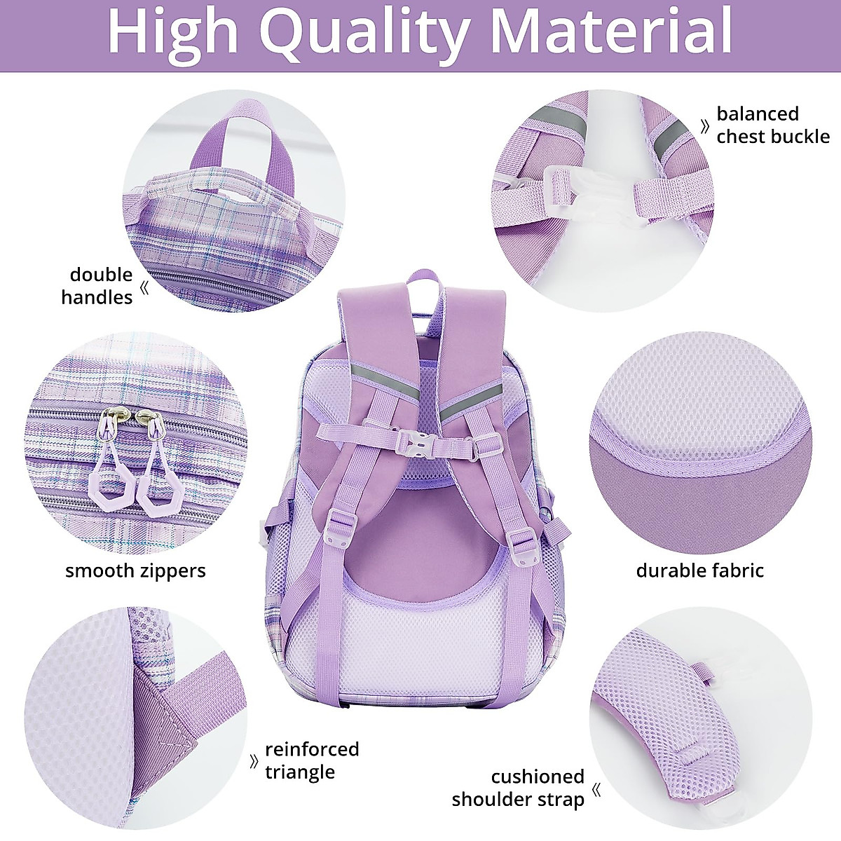 AoMoon Cute Backpack for Girls Kawaii Backpack Functional Bookbag Plaid Daypack Aesthetic Backpack for School with Cute Accessories (Purple)