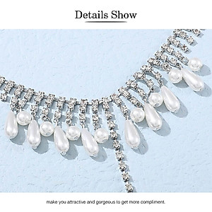 Bodiy Pearl Body Chain for Women Silver Crystal Chest Chain Tassel Sparkly Rhinestones Bikini Body Jewelry