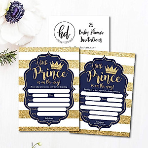 Hadley Designs - 25 Little Prince Baby Shower Invitations, 25 Baby Shower Diaper Raffle Tickets For Baby Shower Boy, Navy & Gold Fill or Write in Card, Diaper Raffle Cards