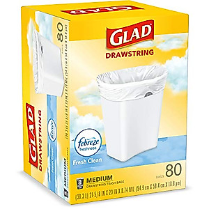 Glad Trash & Food Storage Medium Kitchen Drawstring Trash Bags 8 Gallon White Trash Bag, Fresh Clean Scent, 80 Count (Package May Vary)