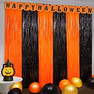 2 Pack Black and Orange Tinsel Foil Fringe Curtains, Halloween Party Photo Backdrop Streamers Backdrop for Birthday Anniversary Party Halloween Party Decoration