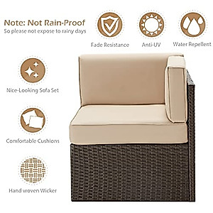 U-MAX 7 Piece Outdoor Patio Furniture Set, PE Rattan Wicker Sofa Set, Outdoor Sectional Furniture Chair Set with Khaki Cushions and Tea Table, Brown