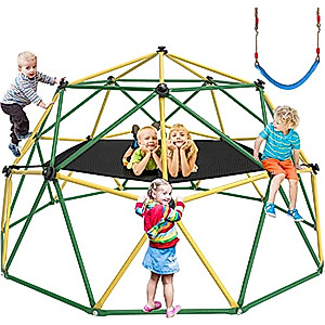 GIKPAL Climbing Dome, 10FT Dome Climber with Hammock for Kids 3 to 10 Outdoor Play Equipment, Supports up to 1000lbs Jungle Gym, Anti-Rust, Easy Assembly, Gift for Kids, Yellow+Green