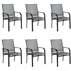 Crownland Outdoor Wrought Iron Dining Chairs Set of 6, Patio Textilene Dining Chair with High Backrest, Metal Frame Furniture Chairs with Armrests for Yard, Deck, Backyard, Lawn, Poolside (Grey)