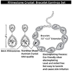Paxuan Womens Teardrop White Champagne Crystal Wedding Bridal Jewelry Set Teardrop Pendant Necklace Drop Dangle Earrings Set (Silver Plated White Crystal Bracelet + Earrings)