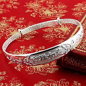 Merdia Women's 999 Solid Sterling Silver Chinese Style Luck Adjustable Bangle Bracelet for Women, Ladies and Elder | Lucky Jewelry for Women | Sterling Silver Bangle